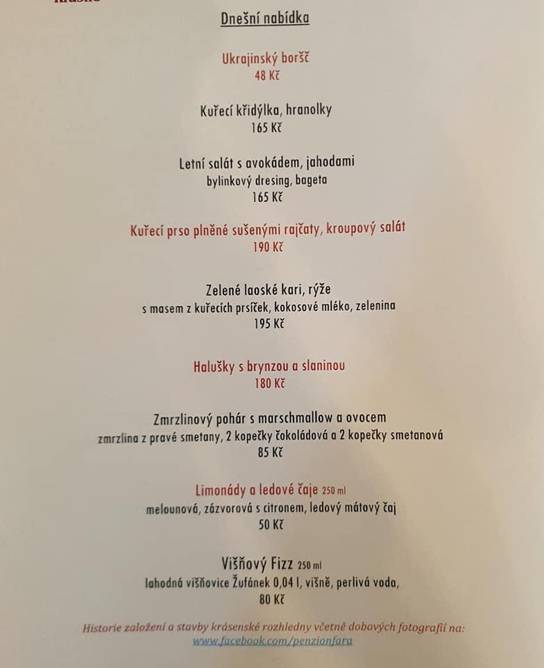Menu at Penzion a restaurace Fara pub & bar, Krásno
