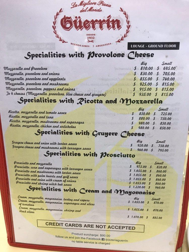 Carta de Pizzería Güerrín, Buenos Aires