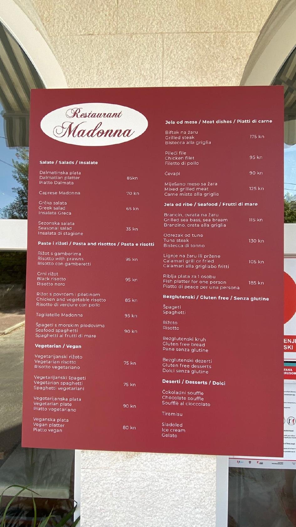 Menu at Restoran Madonna restaurant, Dubrovnik