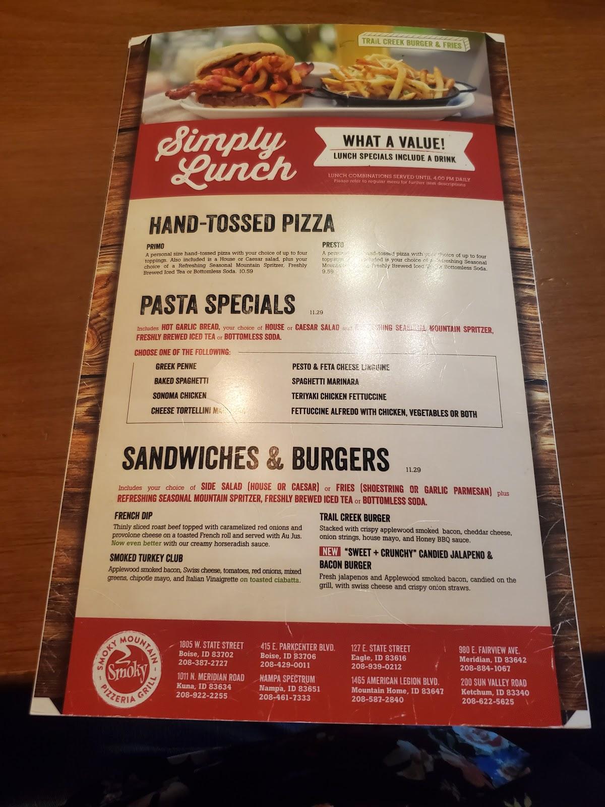 Menu at Smoky Mountain Pizzeria & Grill, Nampa