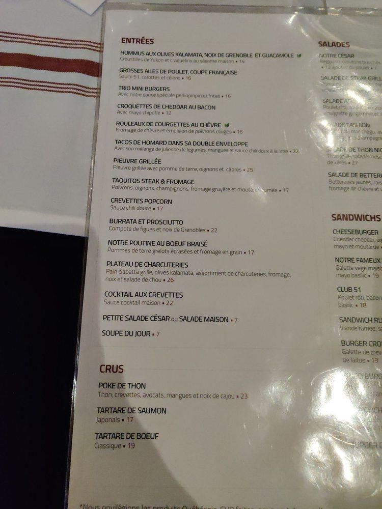 Menu au Table 51 Laval pub et bar, Laval, Boul. le Carrefour