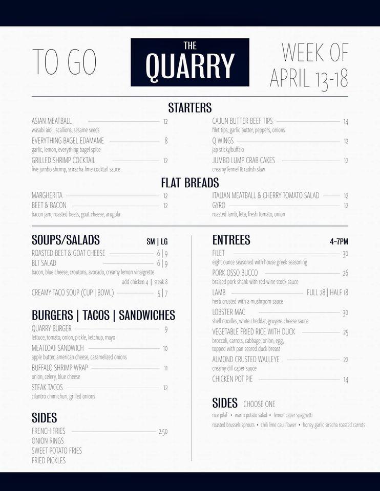 Menu at The Quarry Restaurant & Tapas bar, Mason City