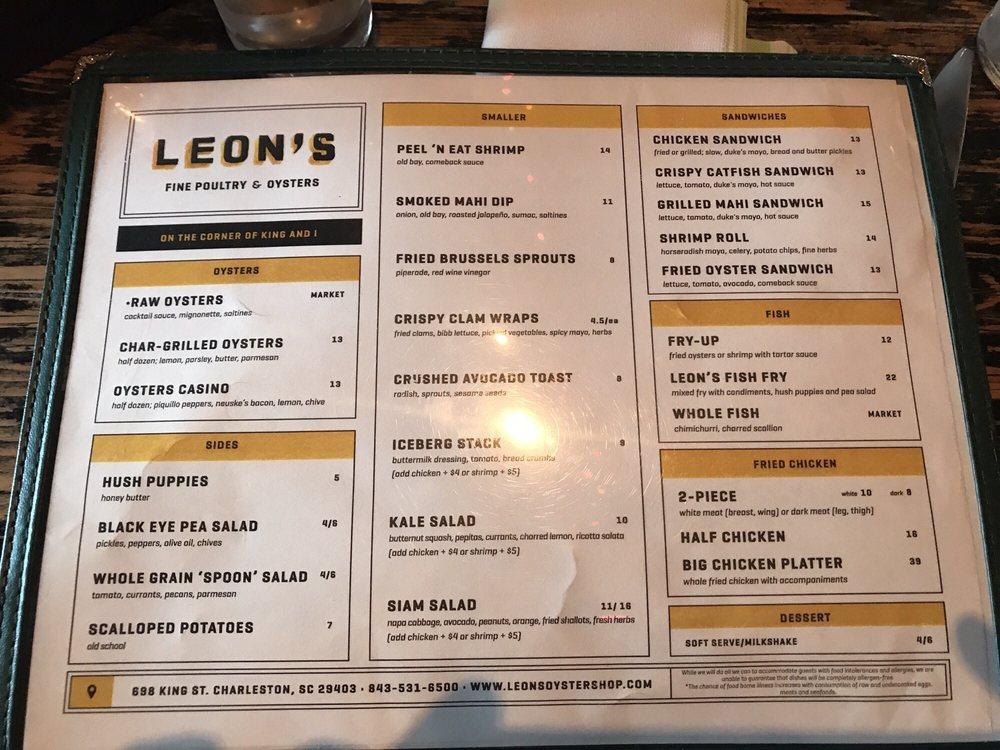 Carta del restaurante Leon's, Charleston