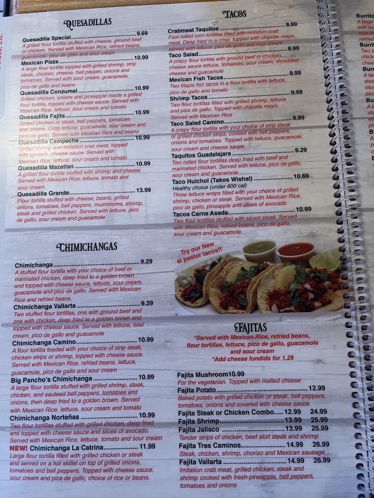 Menu at Los Tres Caminos restaurant, Evansville