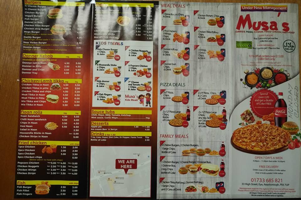 Menu at Musa's restaurant, Peterborough