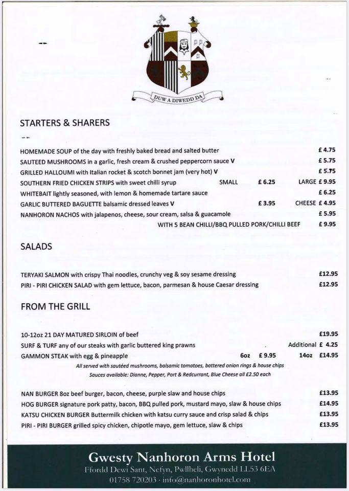 Menu at Nanhoron Hotel pub & bar, Nefyn