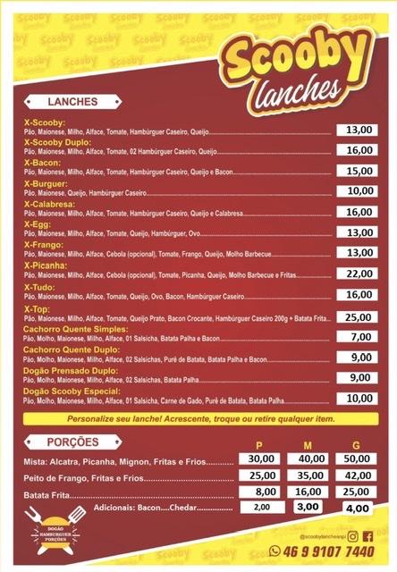 Menu em Scooby Lanches restaurante, Nova Prata do Iguaçu