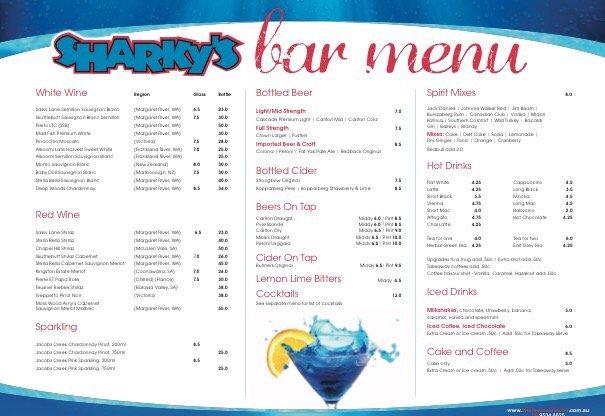 Menu at Sharky's Fish & Chips cafe, Mandurah