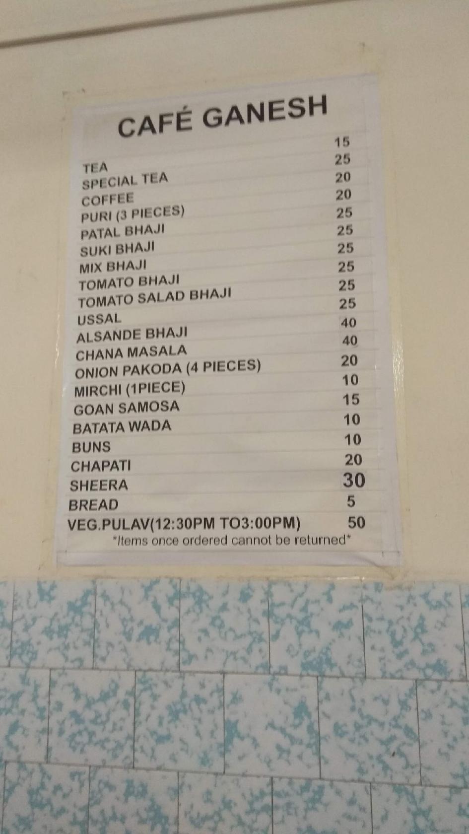 Menu at Cafe Ganesh, Bambolim