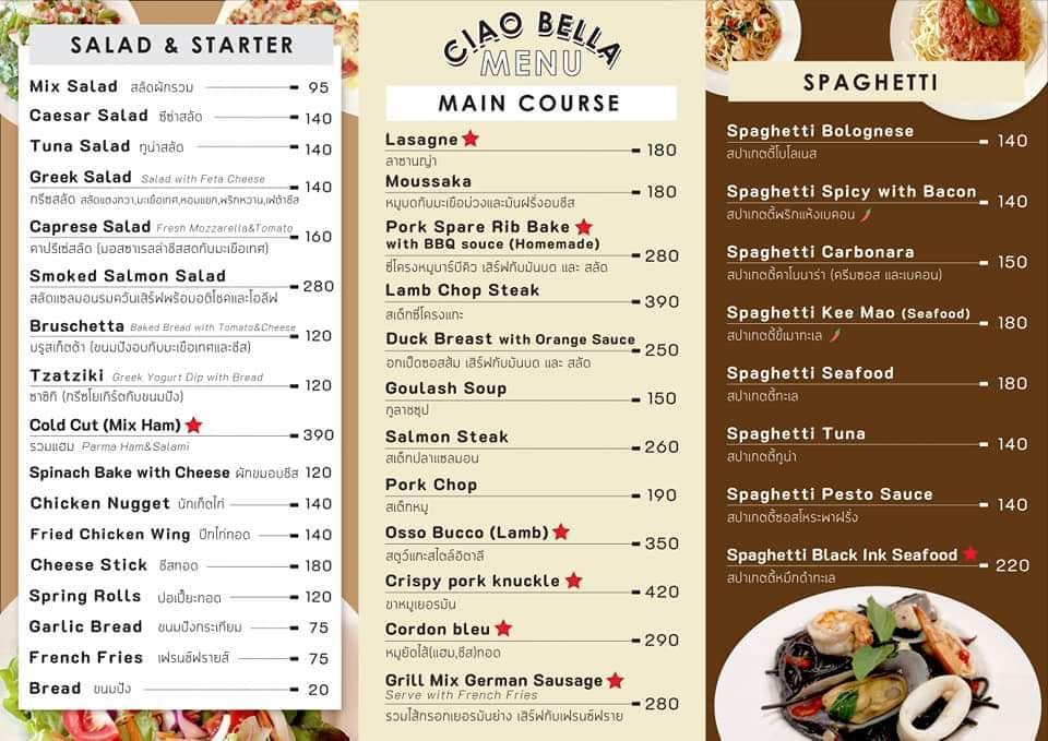 Carta del restaurante CiaoBella, Ban Chang
