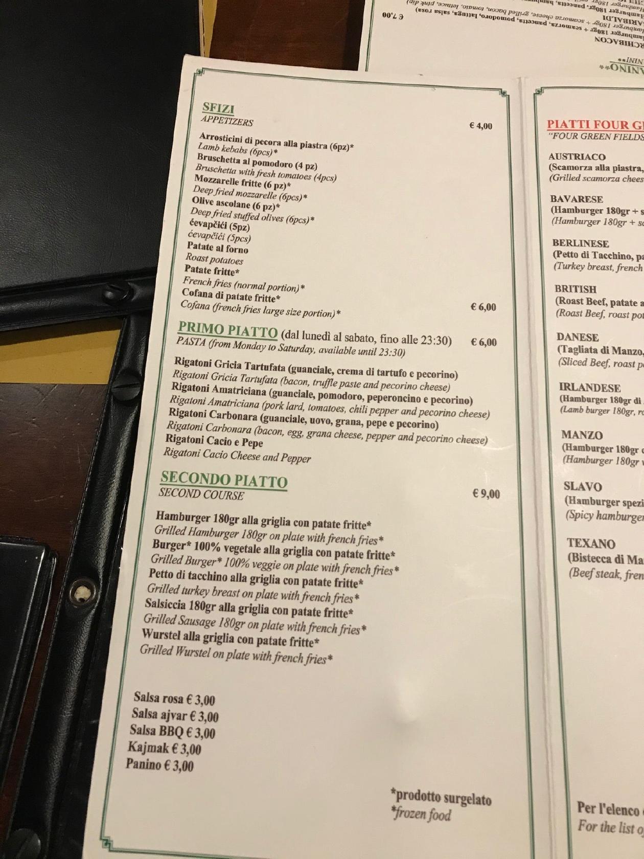 Menu at Four Green Fields pub & bar, Rome