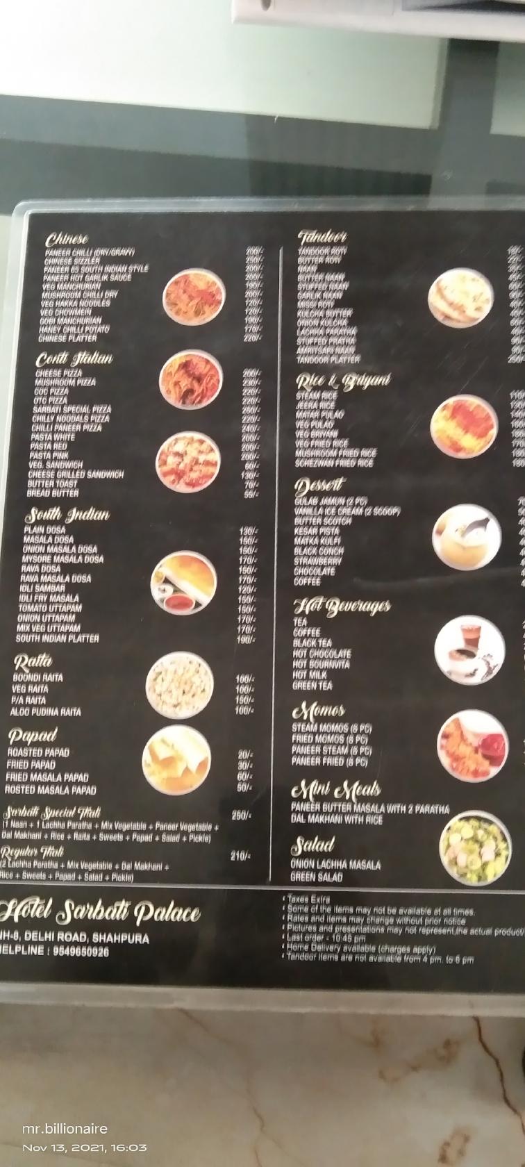 Menu at Hotel the sarbati palace, Shahpura