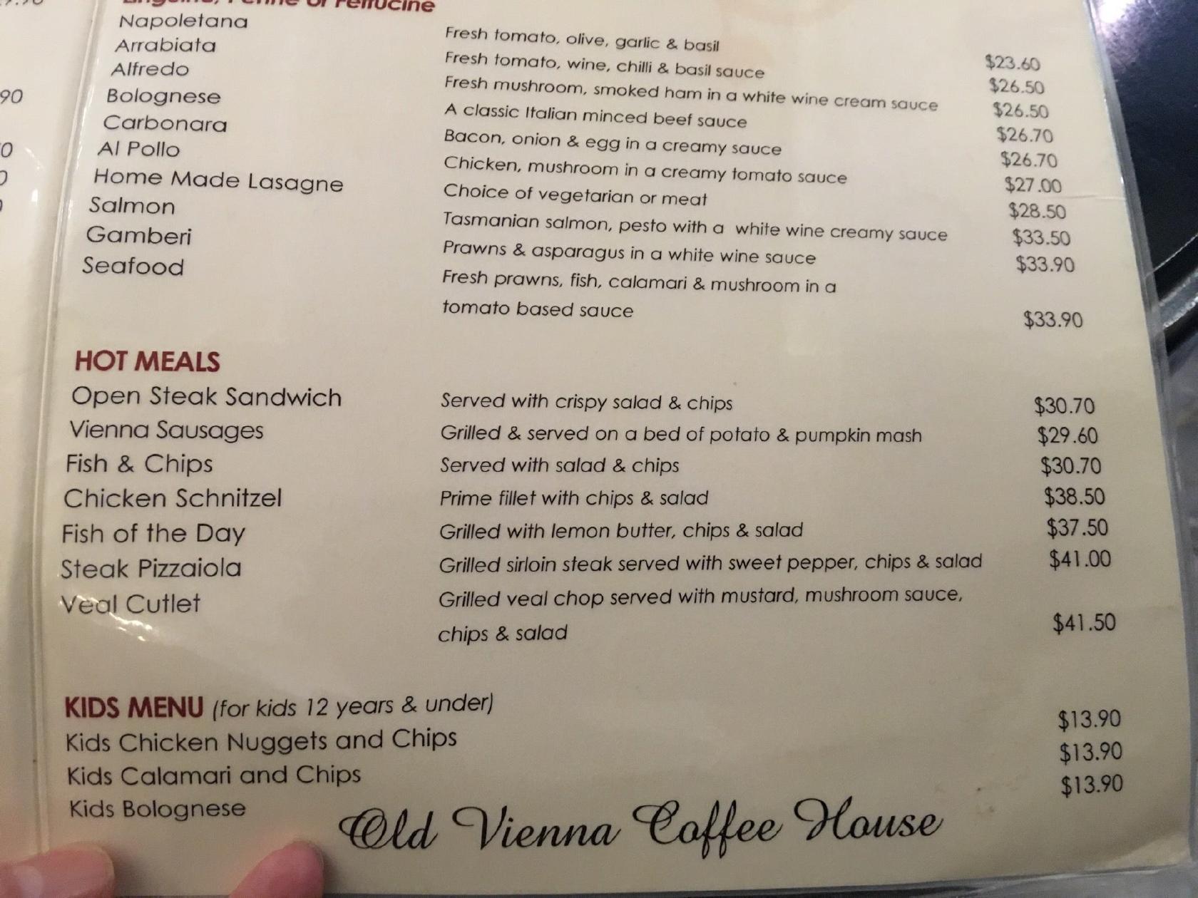 Menu at Vienna Coffee Co cafe, Sydney, 2 1 Queen Victoria Building