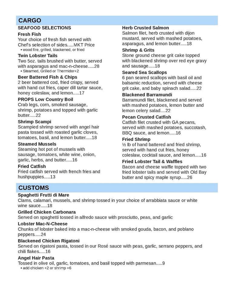 Menu at Props Steak and Seafood Restaurant, Warner Robins