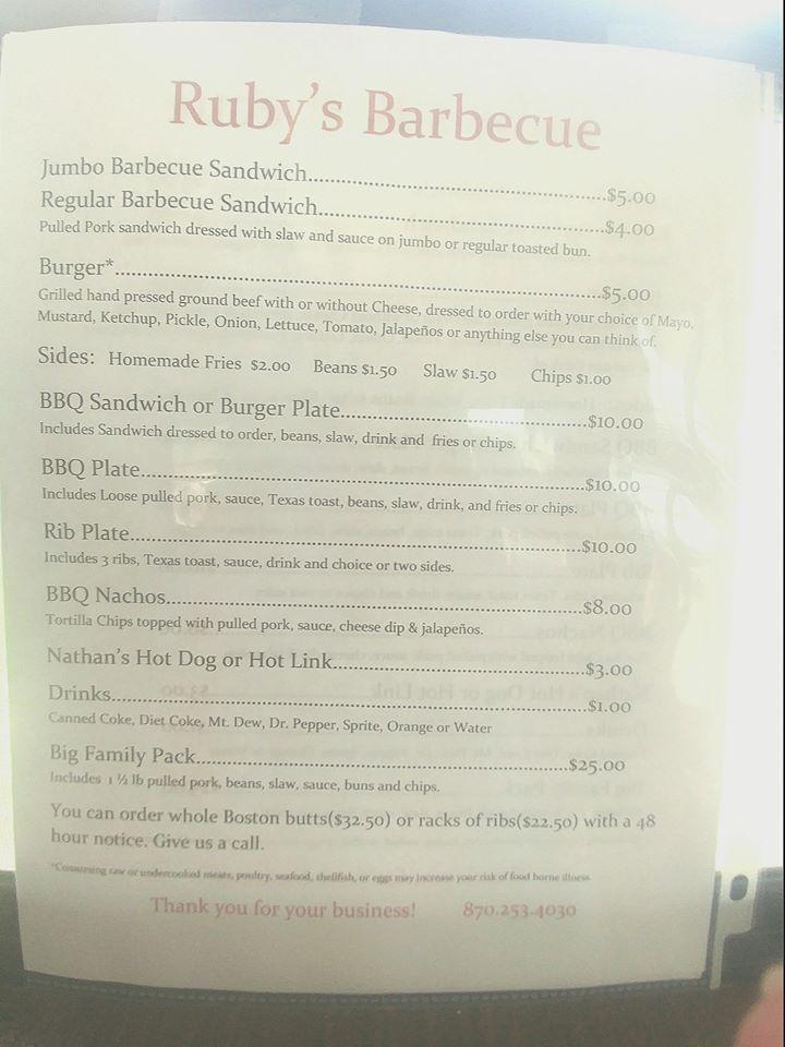 Menu at Ruby's Barbecue, Jonesboro