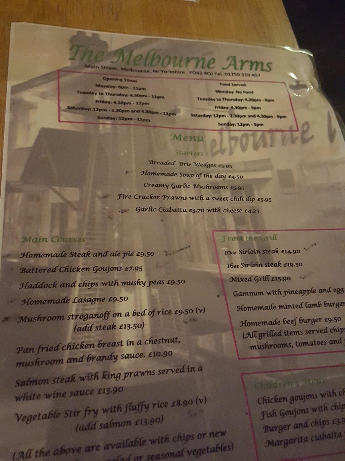 Menu at The Melbourne Arms pub & bar, Melbourne