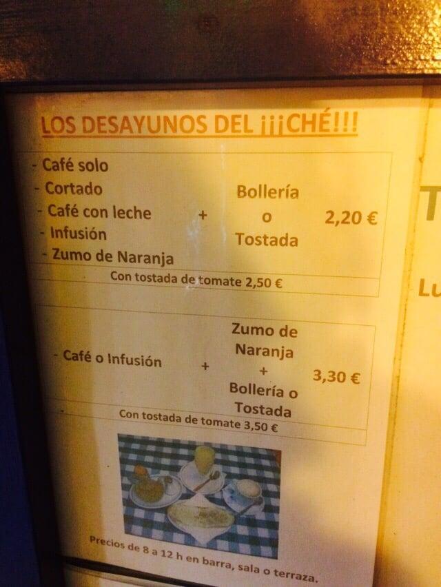 Menu at Bar Che, Valencia