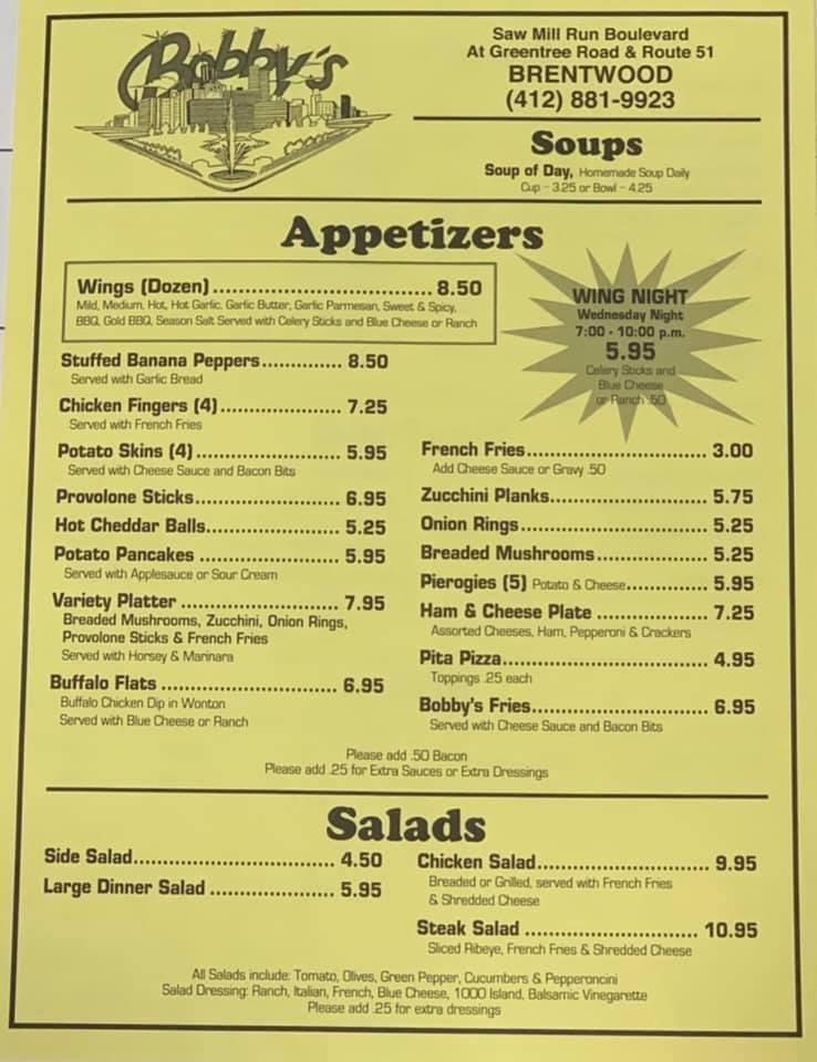 Menu at Bobby's Lounge pub & bar, Pittsburgh, Saw Mill Run Blvd