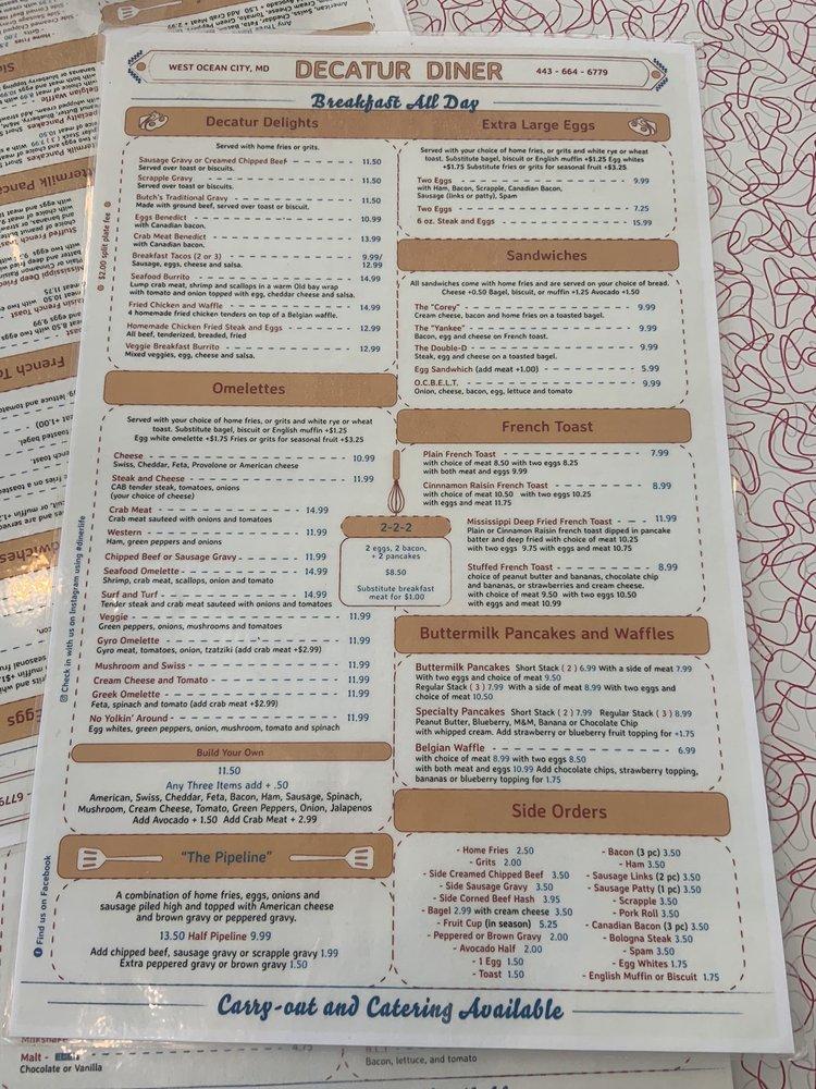 Menu at Decatur Diner restaurant, West Ocean City