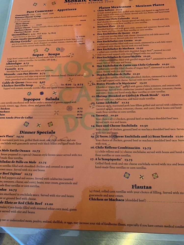 Menu at Mosaic Cafe Dos, Tucson, N La Cholla Blvd # 108