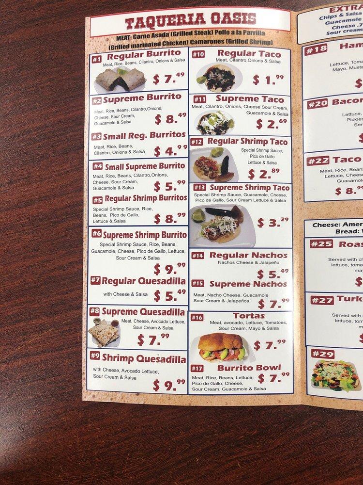 Menu at Oasis Taqueria restaurant, Manteca