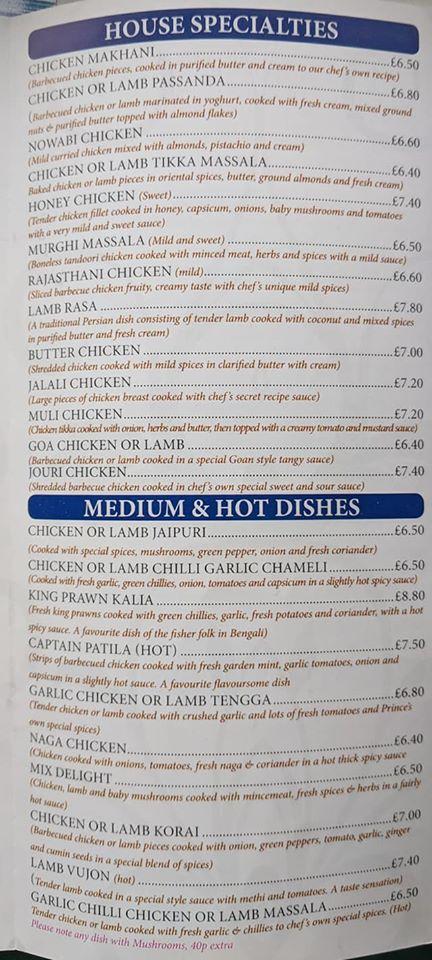 Menu at Prince Balti restaurant, Bridgend