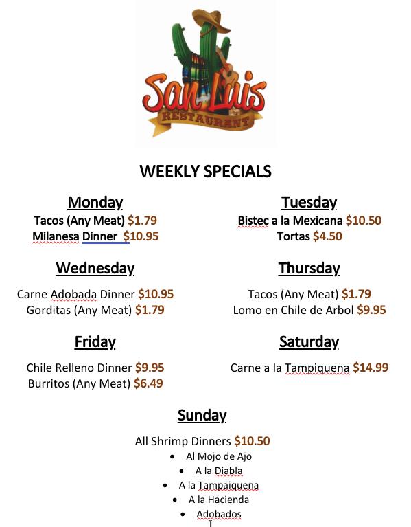 Menu at San Luis restaurant, Whiting