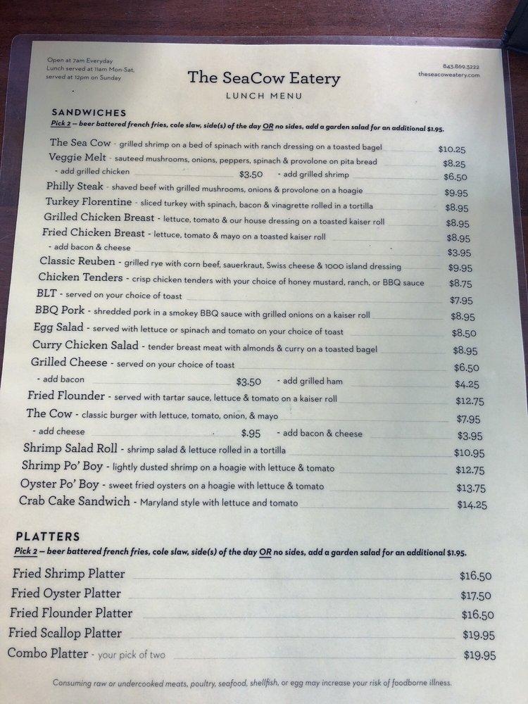Menu at SeaCow Eatery restaurant, Edisto Island