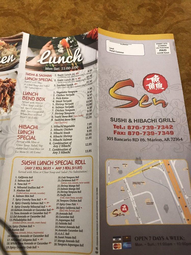 Menu at Sen Sushi & Hibachi Grill restaurant, Marion