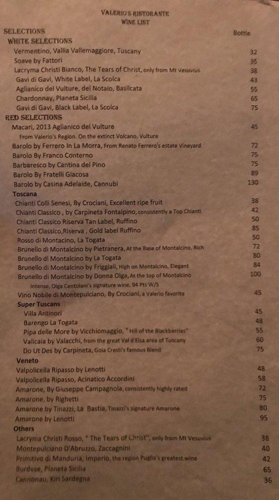 Menu at Valerio’s pub & bar, Cleveland