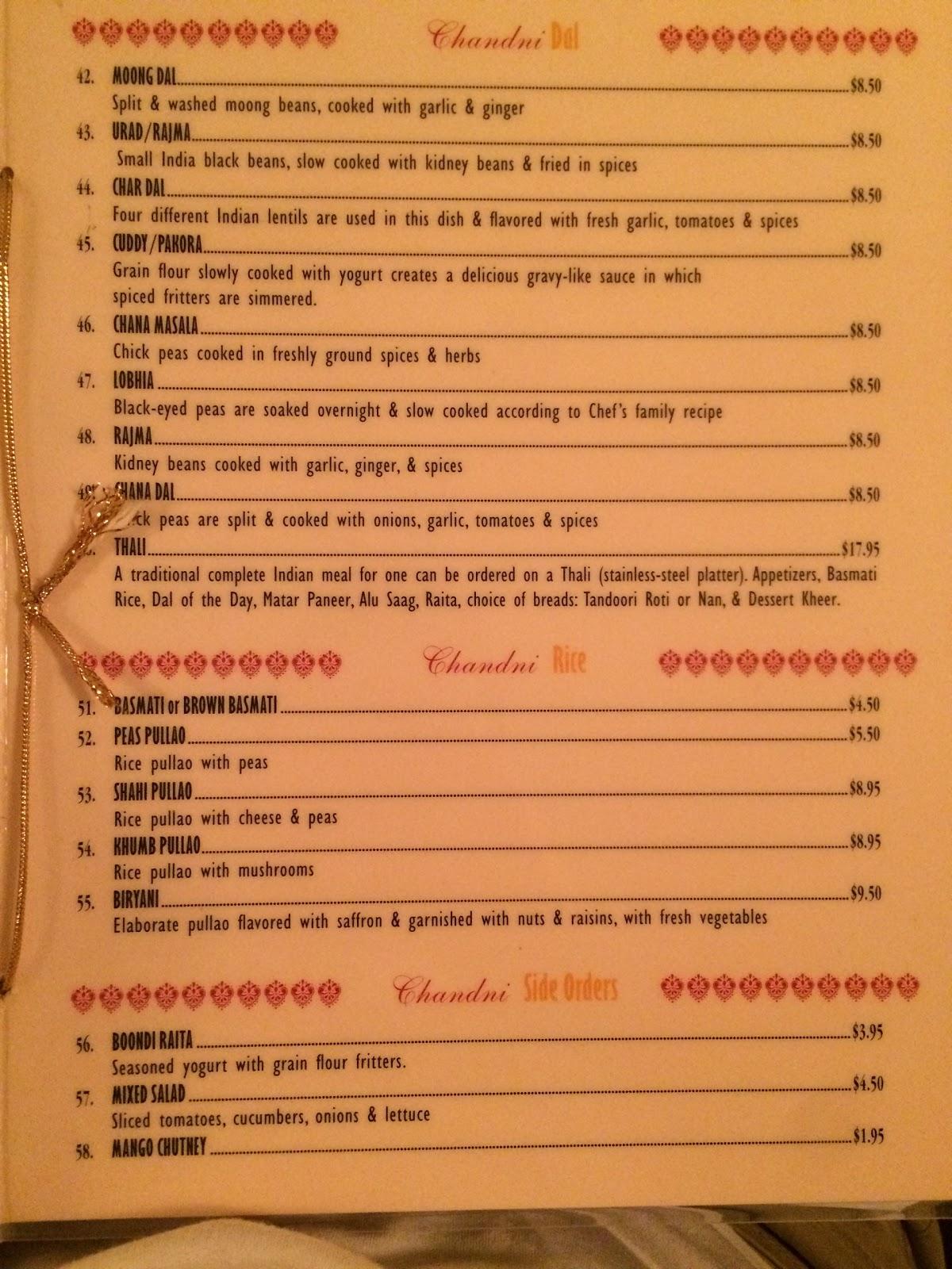 Menu at Chandni restaurant, Santa Monica