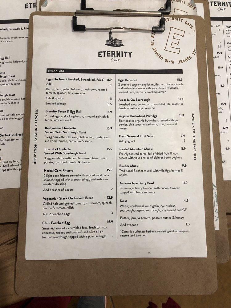 Menu at Eternity Cafe Town Hall Station, Sydney