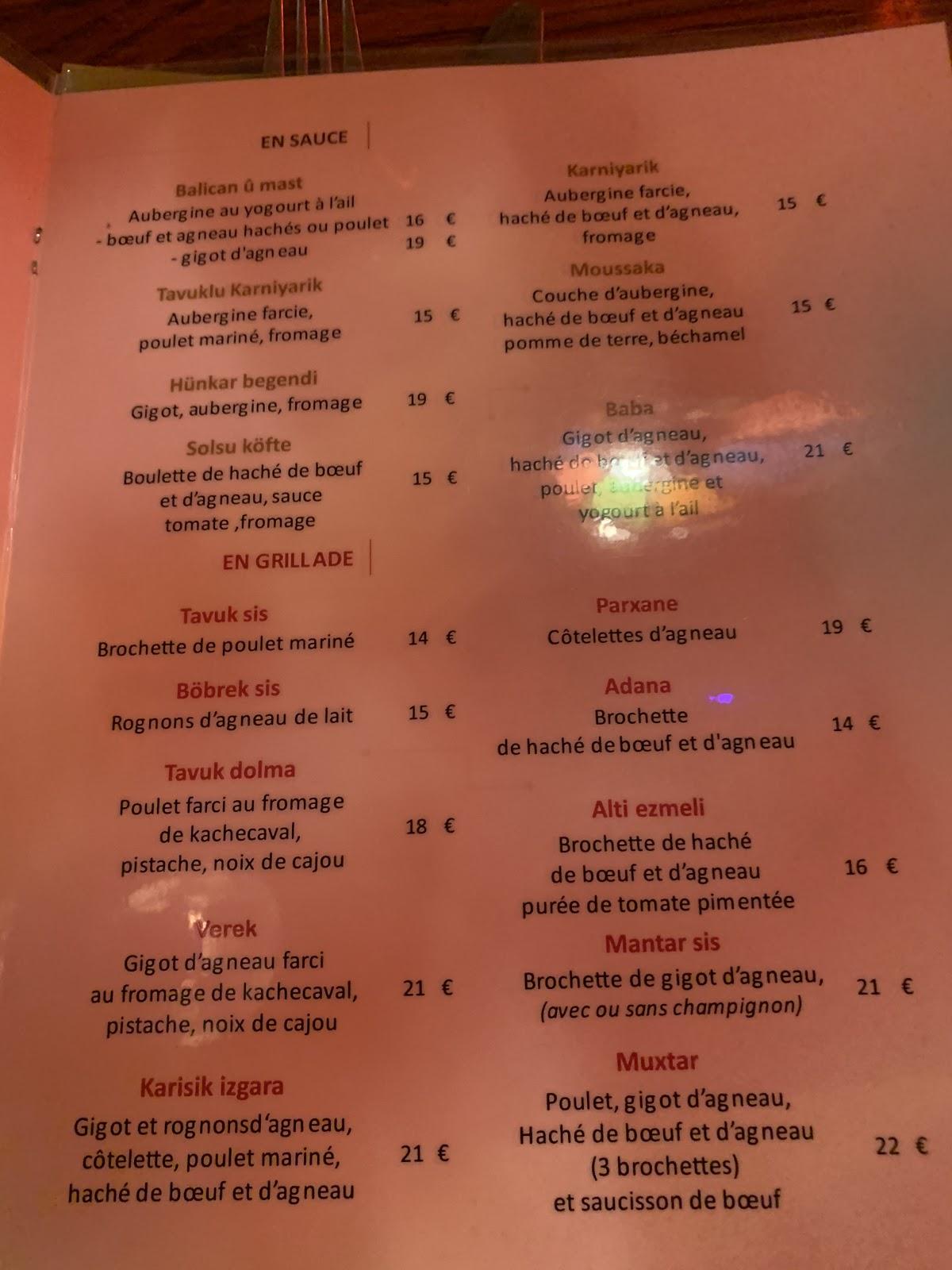 Menu au Menekse restaurant, Paris