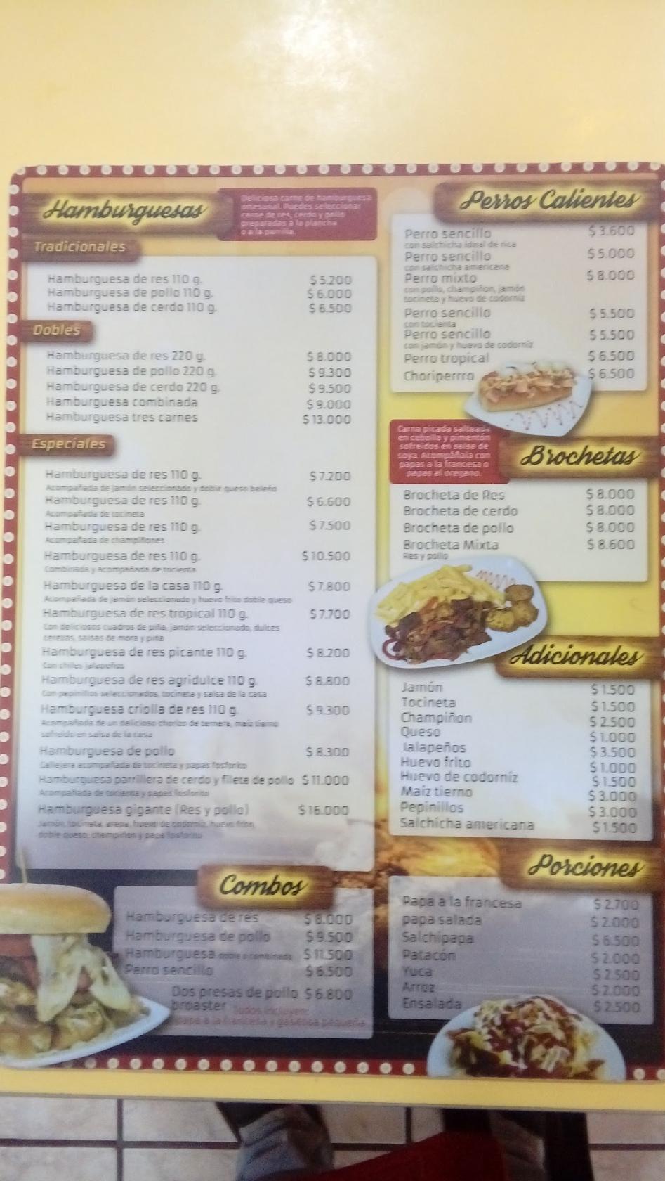 Menu at Muchachos de la Hamburguesa y Parrilla, Duitama