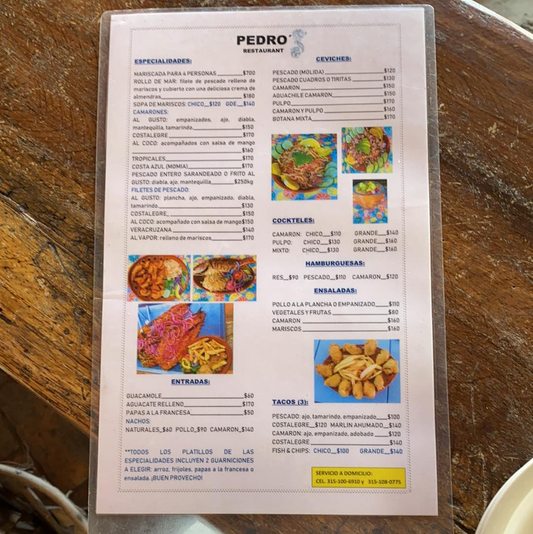 Menu at Pedro's Resturant restaurant, Mexico, Playa Blanca 43