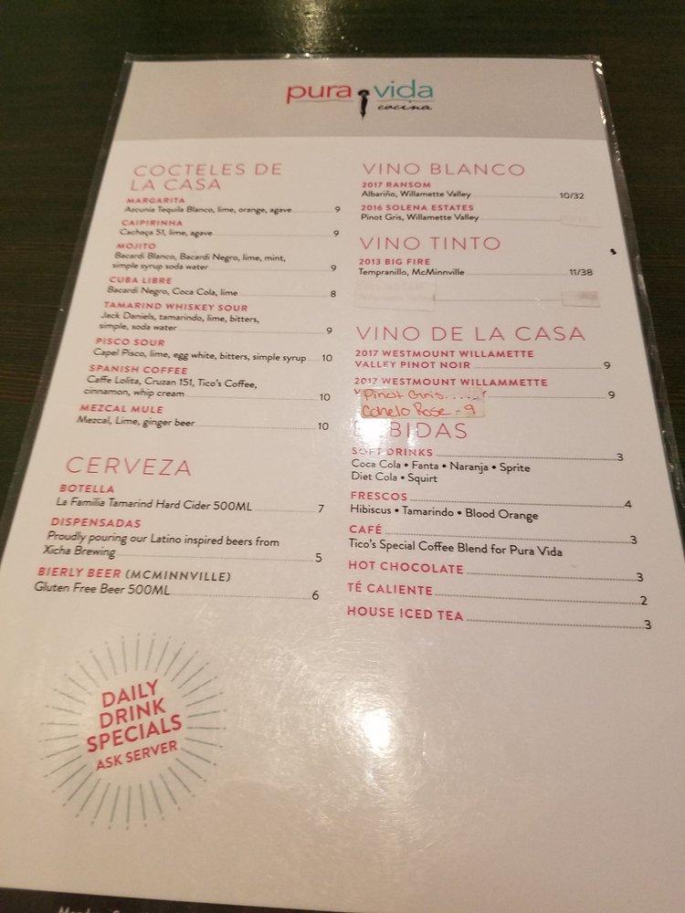Carta del restaurante Pura Vida Cocina, McMinnville