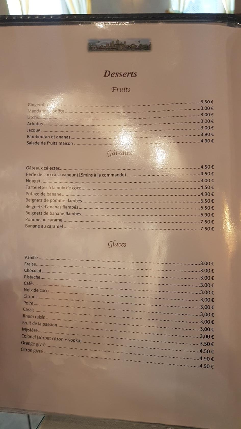 Menu at Restaurant Le Palais d'Angkor, Vichy