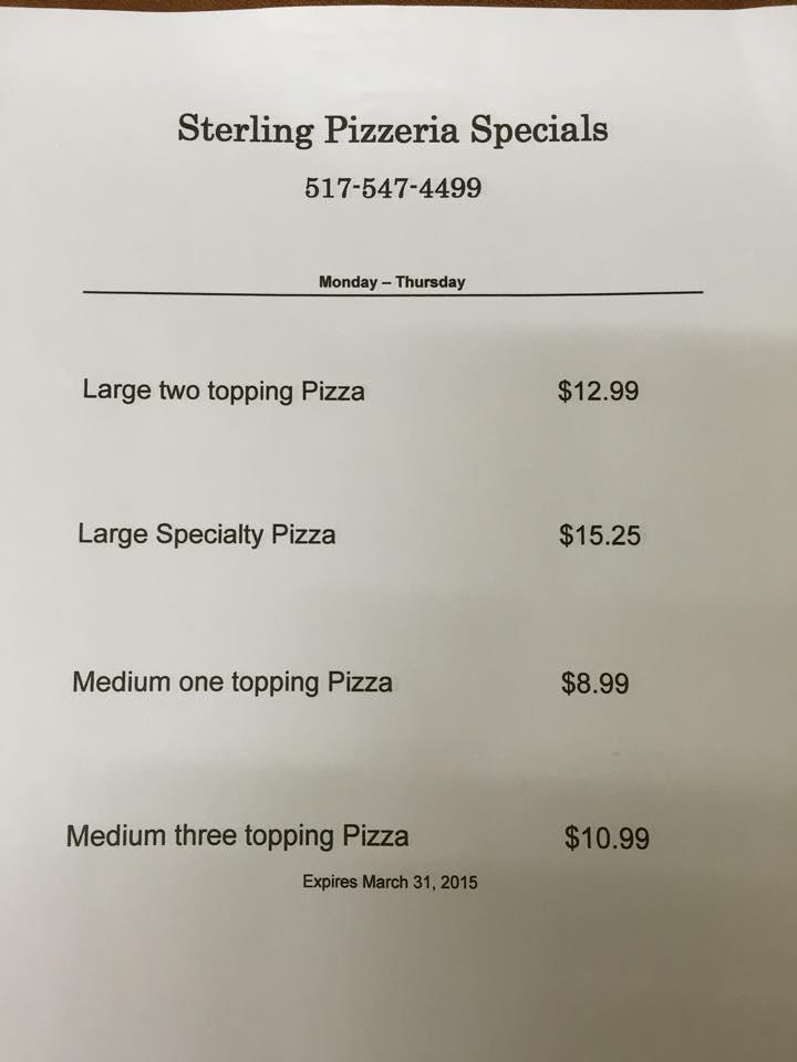 Menu at Sterling Market pizzeria, Manitou Beach-Devils Lake