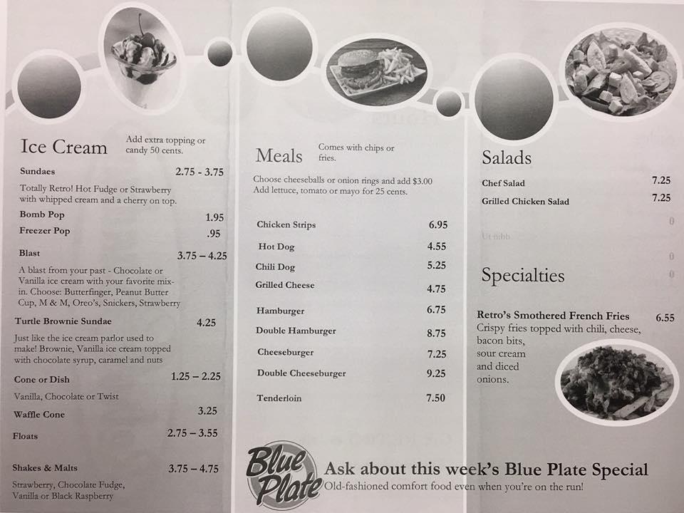 Menu at Retro Sundaes, Shenandoah