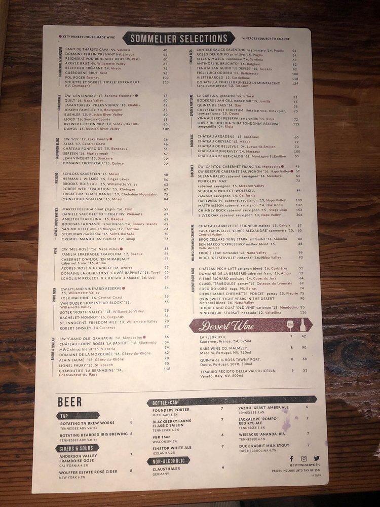 Menu at City Winery Nashville pub & bar, Nashville