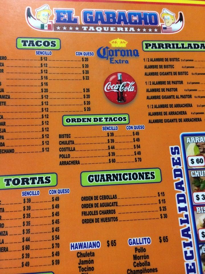Menu at El Gabacho Taquería restaurant, Mexico City