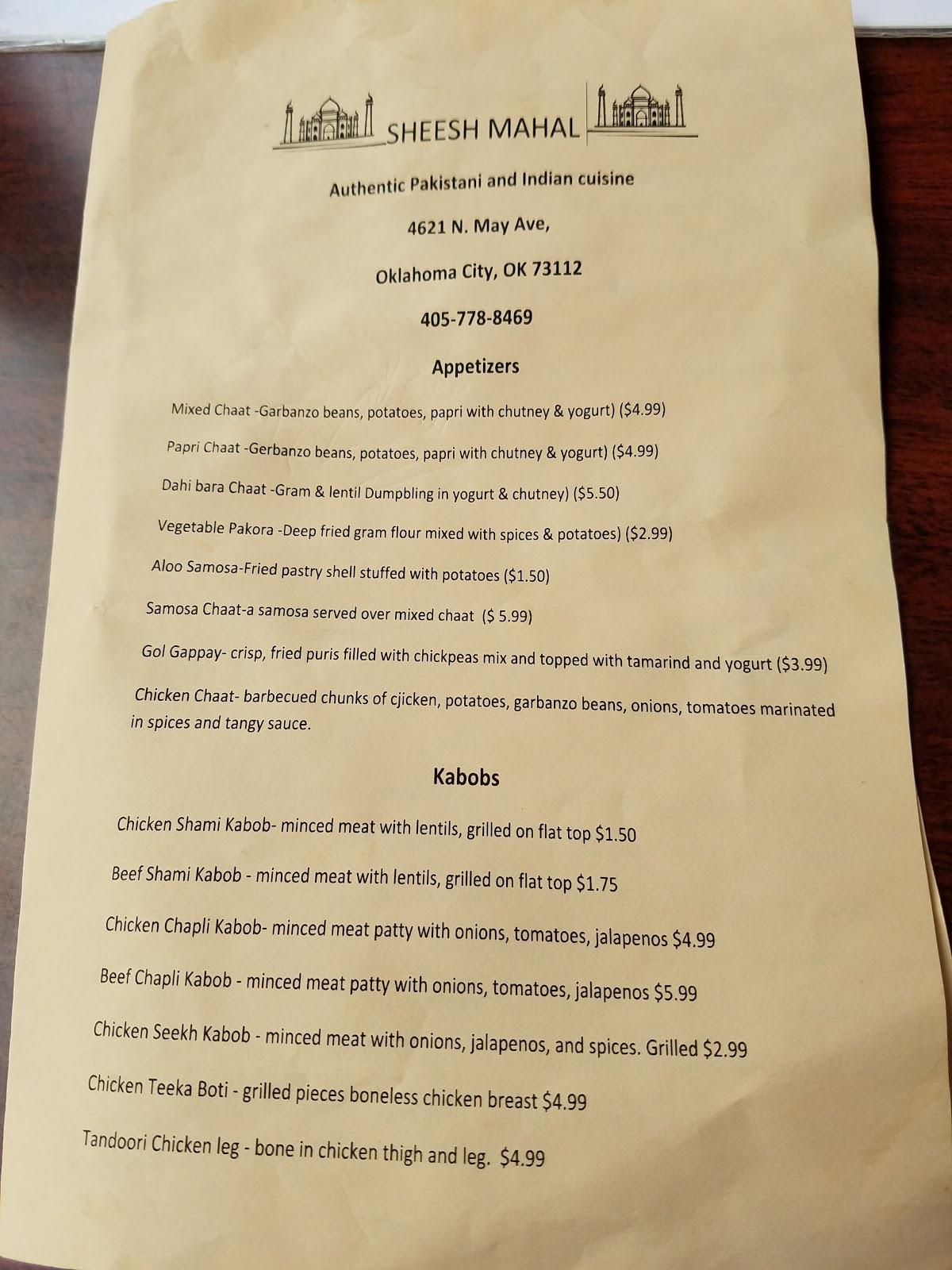 Menu at Sheesh Mahal restaurant, Oklahoma City