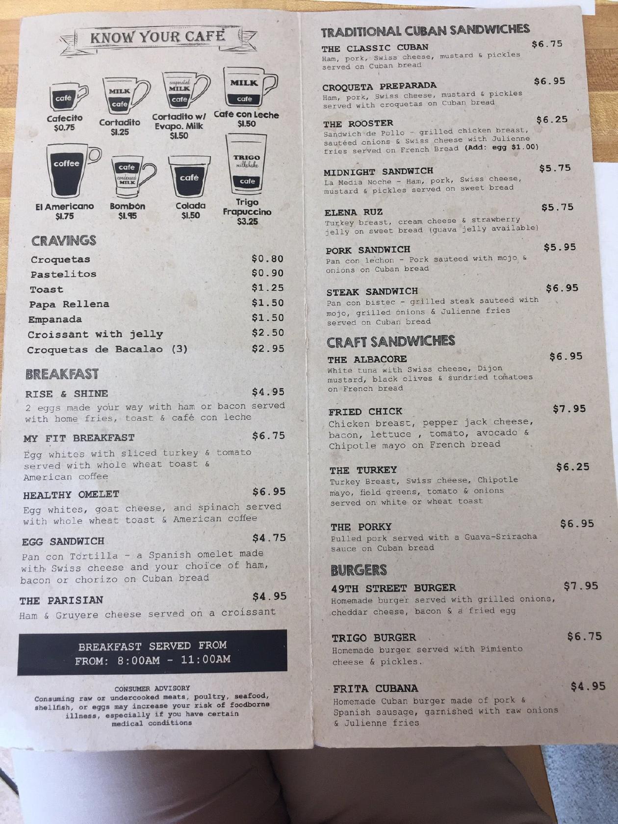 Menu at Trigo Cafe Tapas Wine, Hialeah, 839 W 49th St