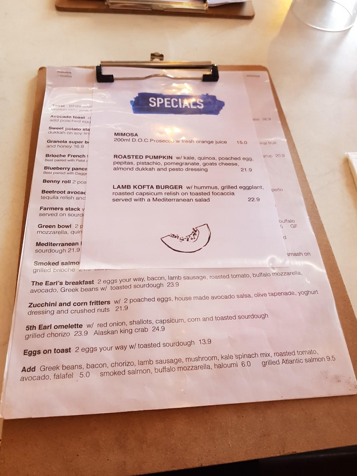 Menu at 5th Earl Rosebery cafe, Rosebery