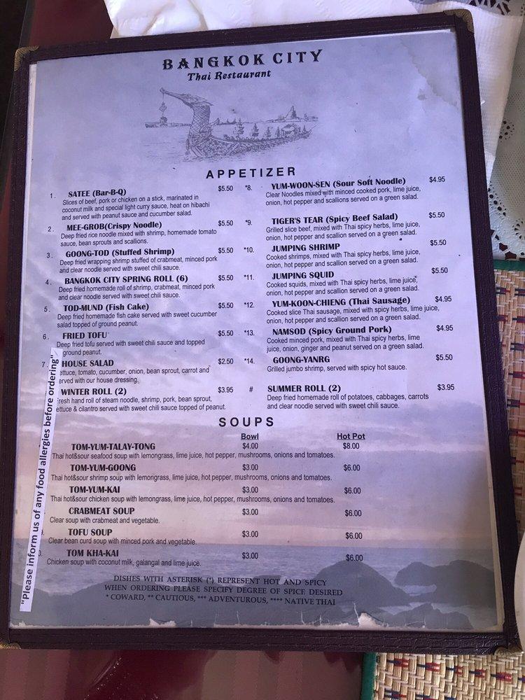Menu at Bangkok City restaurant, Middletown