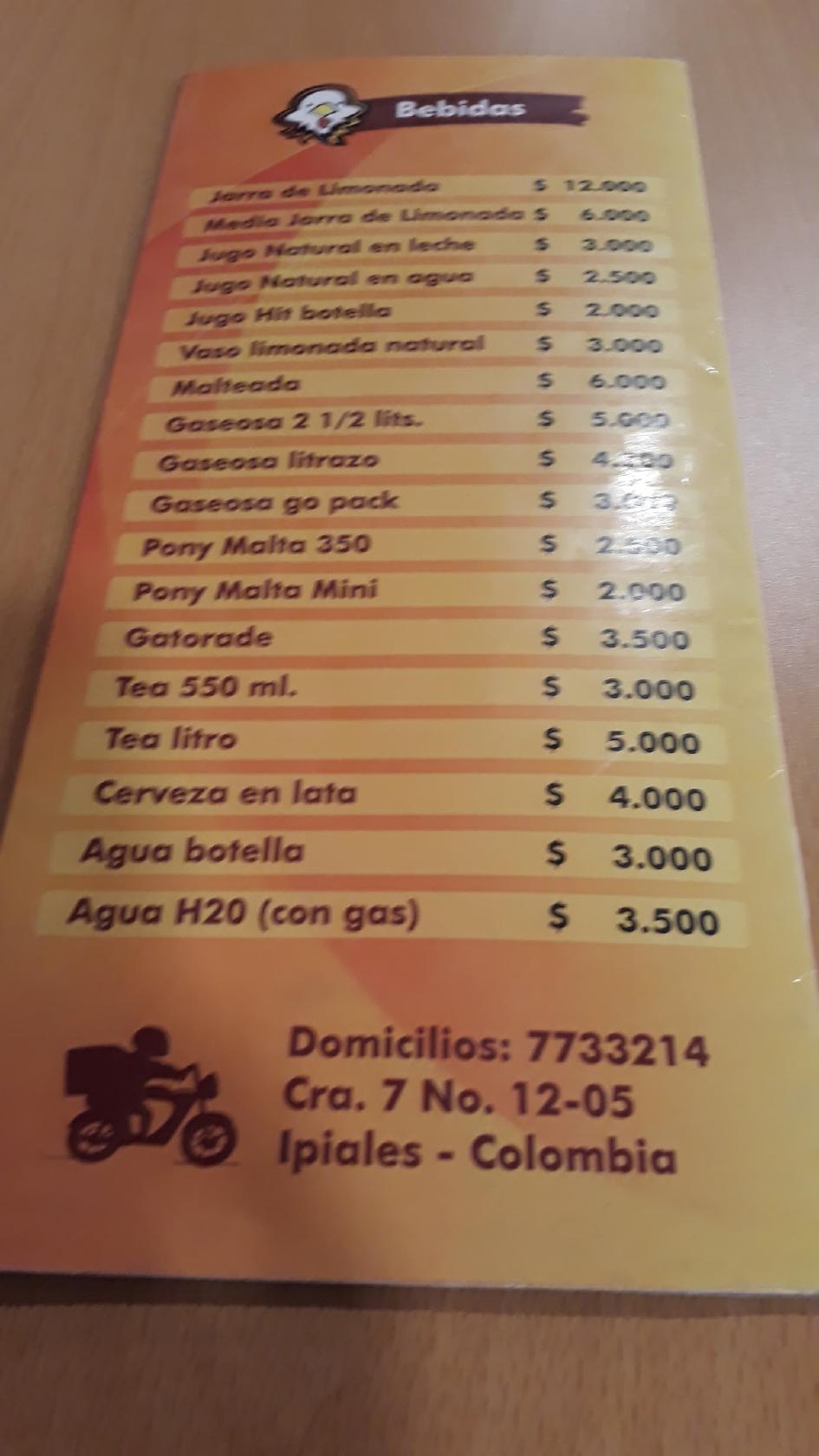 Menu at Broasterking restaurant, Ipiales