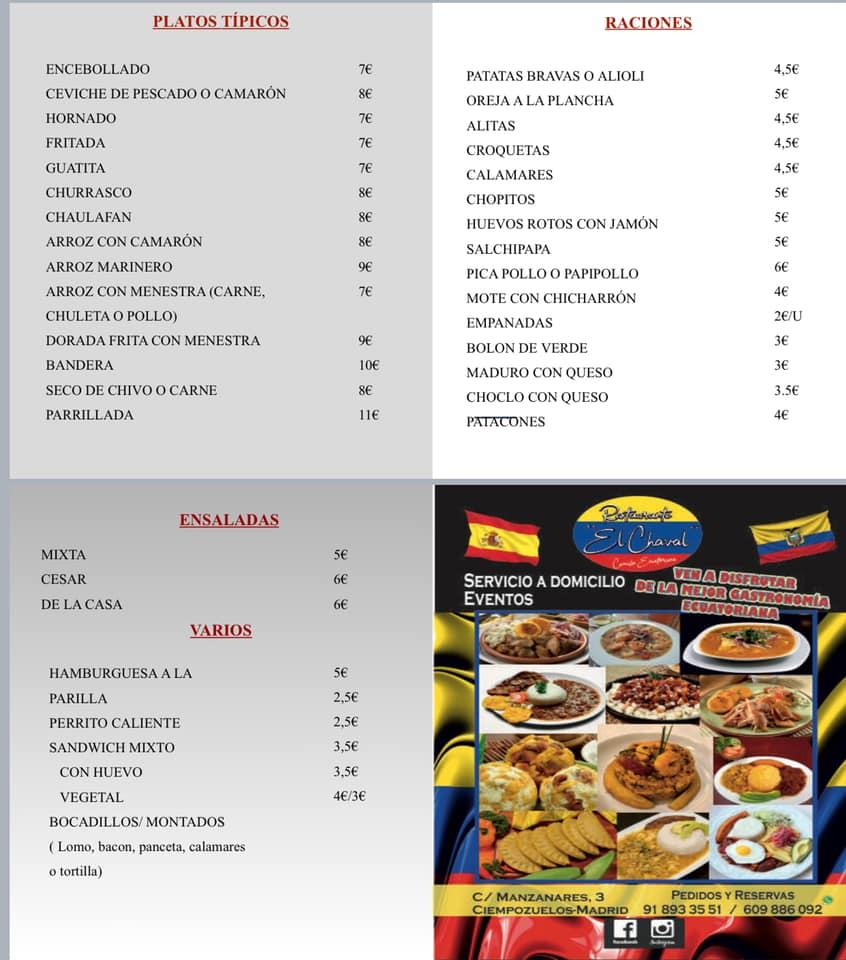 Menu at El Chaval restaurant, Ciempozuelos