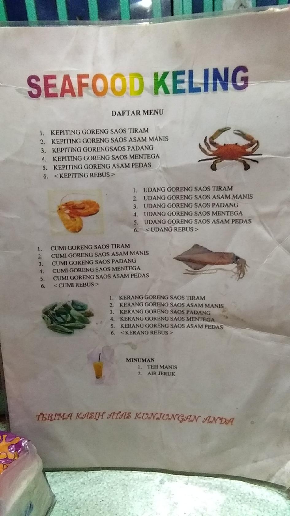Menu at Kerang dan kepiting rebus 'keling' restaurant, East Jakarta