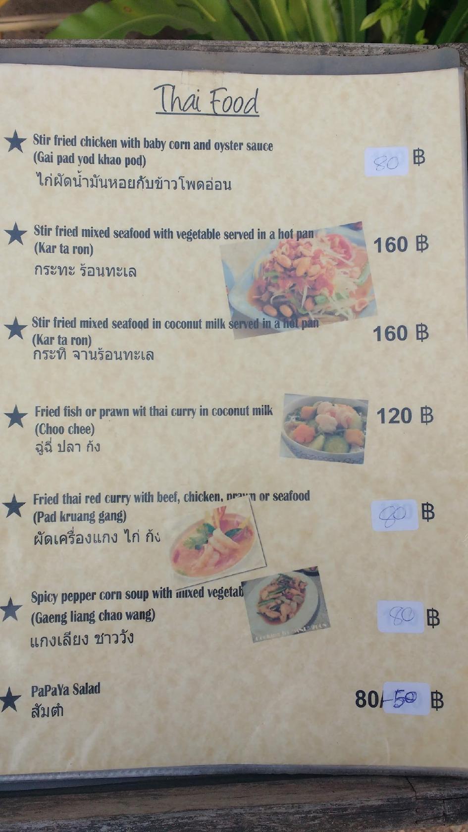 Menu at Lay sod restaurant, Ko Lanta Yai