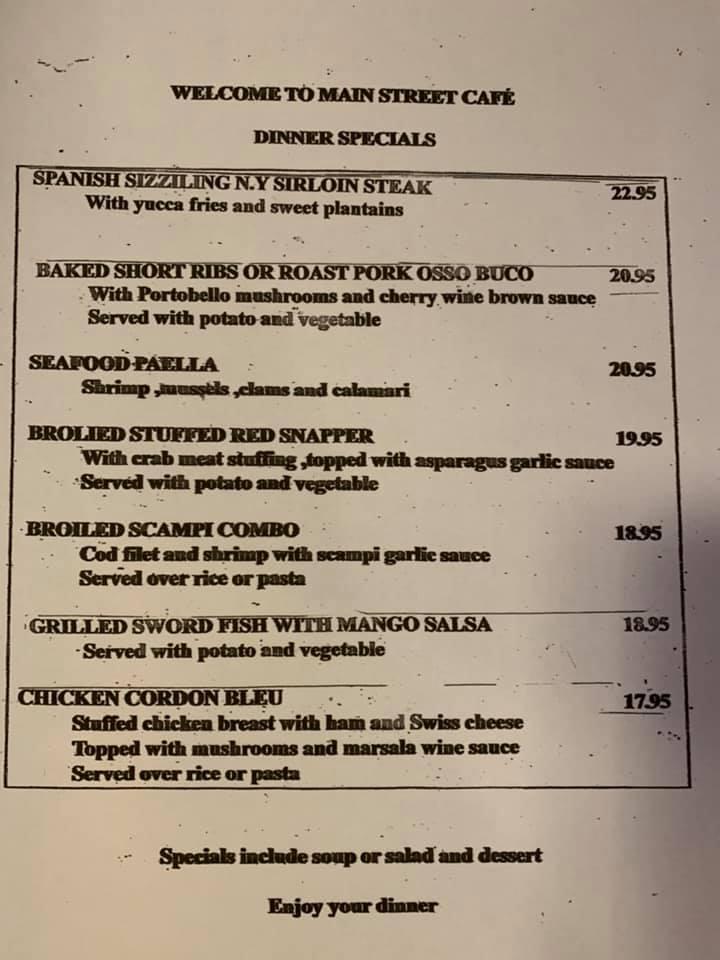 Menu at Main Street Cafe, New City